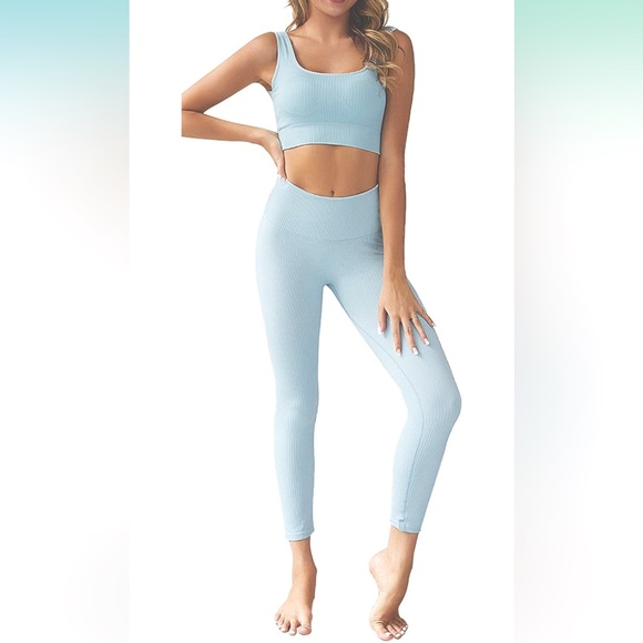 Amazon | Pants & Jumpsuits | Nbw Ribbed Light Blue Sports Bra And ...